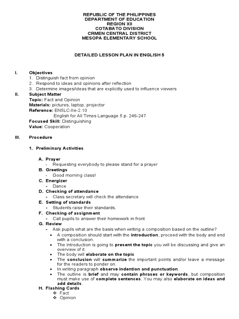 DETAILED LESSON PLAN Fact and Opinion by Rackzy | PDF | Opinion ...