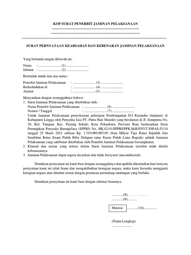 Contoh Format Keabsahan Jaminan Pelaksanaan | PDF