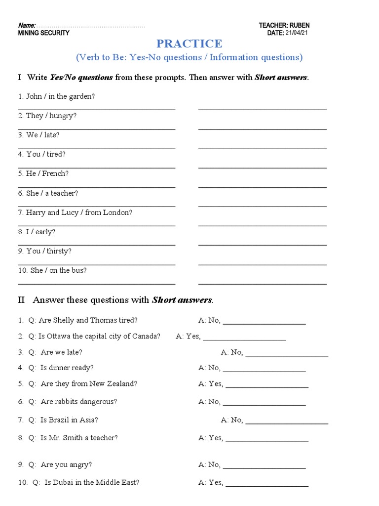 VERB To BE Practice - (Yes - No - Inform) | PDF