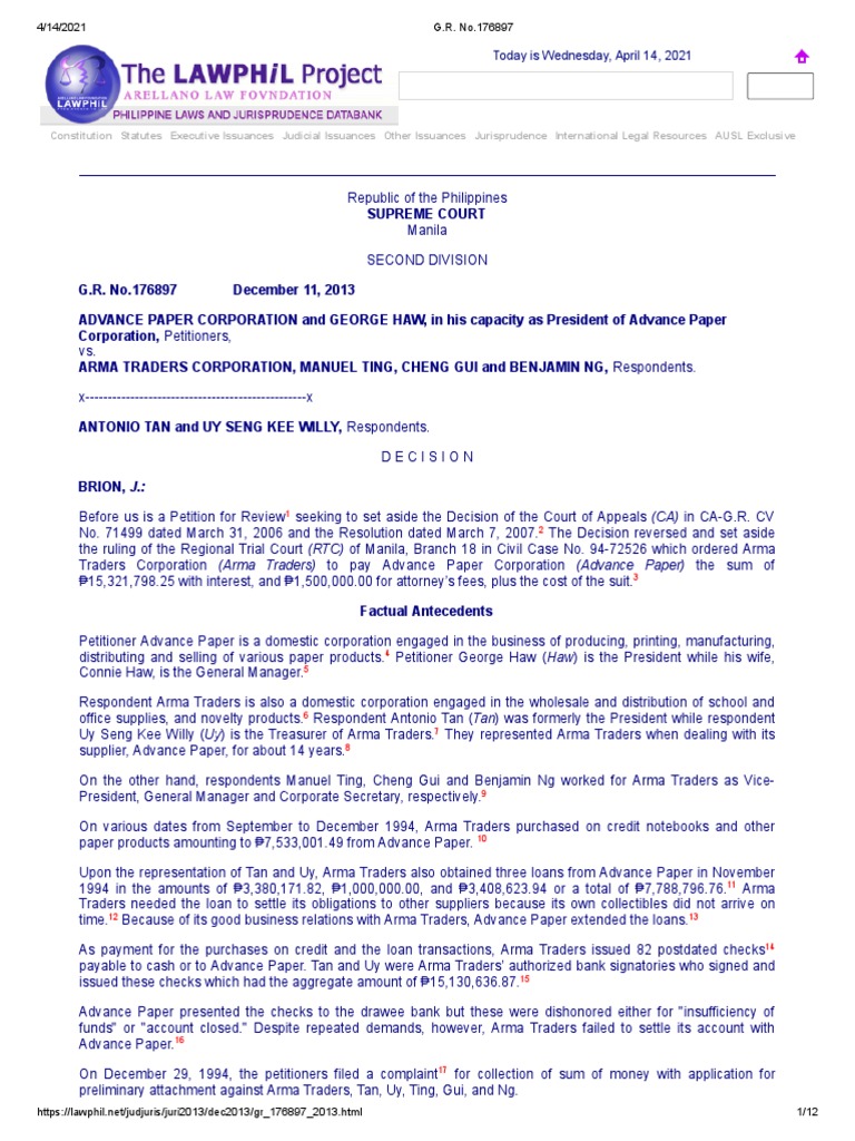 Advance Paper Corp. v. Arma Traders Corp., G.R. No 176897 (2013) | PDF ...
