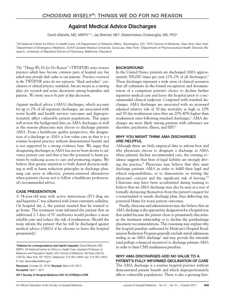 Against Medical Advice Discharges: Choosing Wisely | PDF | American ...