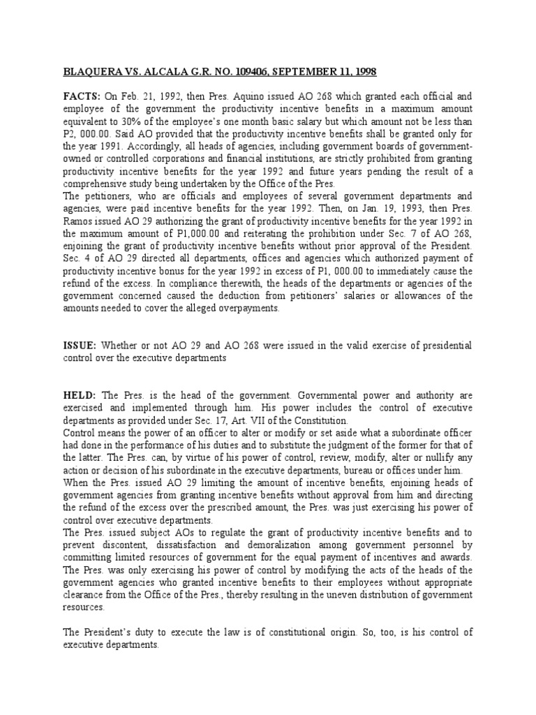 Presidential Control Over Executive Departments (BLAQUERA VS. ALCALA ...