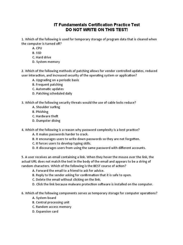 IT Fundamentals Practice Exam With Key Comptia 1 | PDF