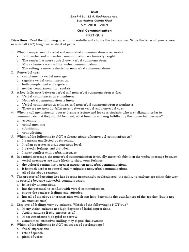 Oral Communication Quiz: Verbal vs. Nonverbal | PDF | Career & Growth