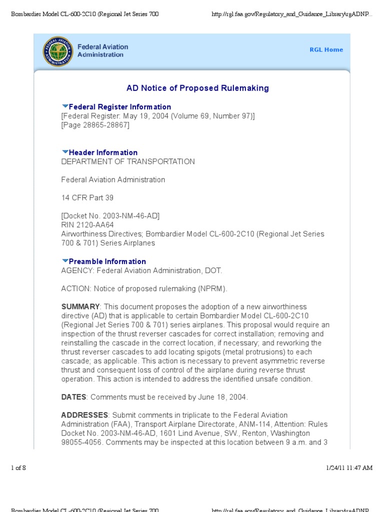 Airworthiness Directive Bombardier/Canadair 040519 | PDF | Federal ...