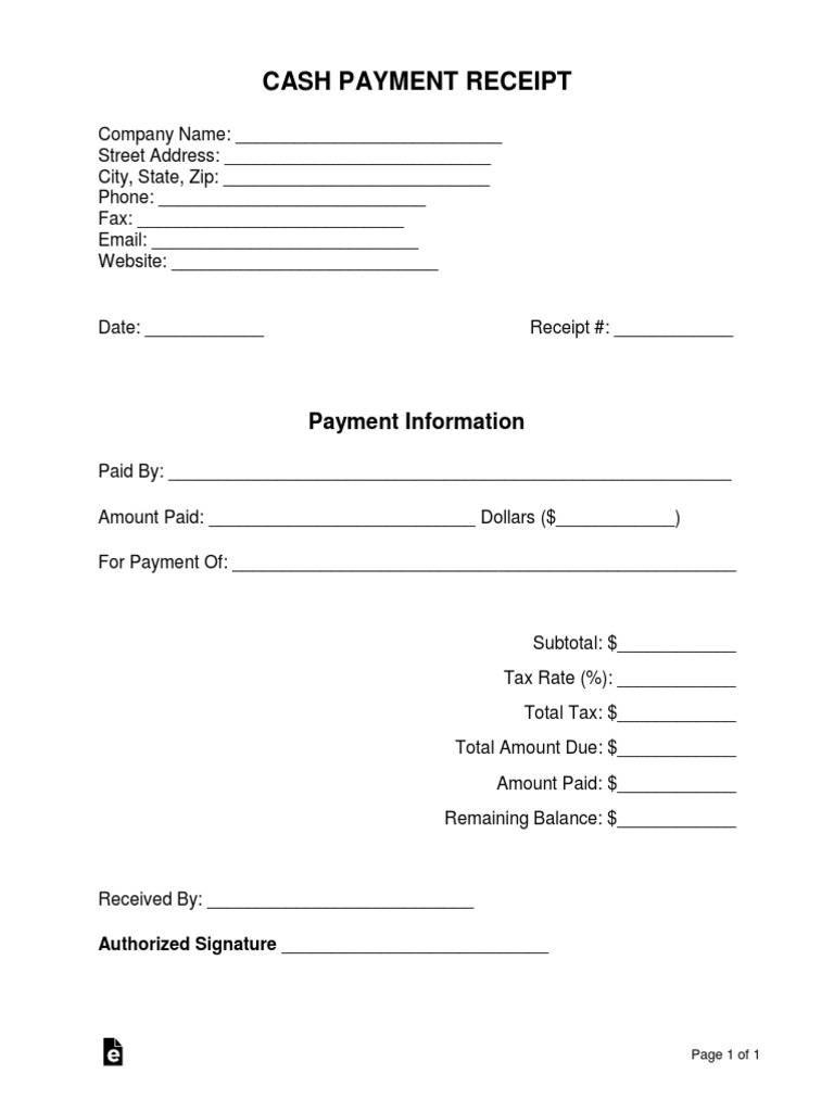 Cash Payment Receipt Template | PDF