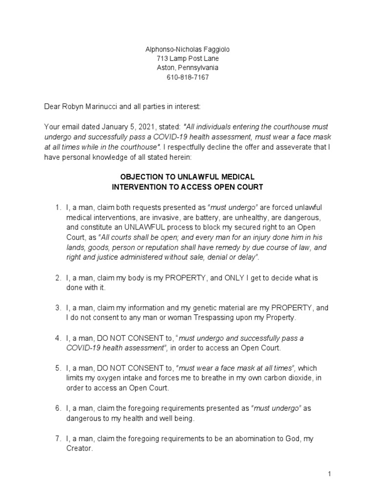 Objection To Medical Intervention Alphonse F | PDF