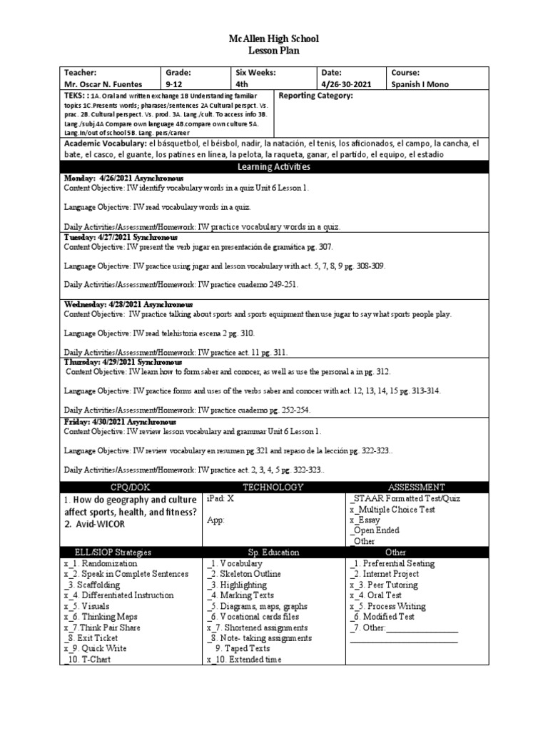 April 26, 2021 Spanish I Mono Lesson Plan | PDF