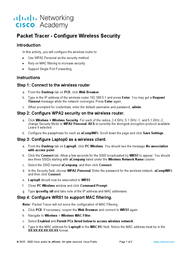 13 4 1 10 Packet Tracer Configure Wireless Security Pdf