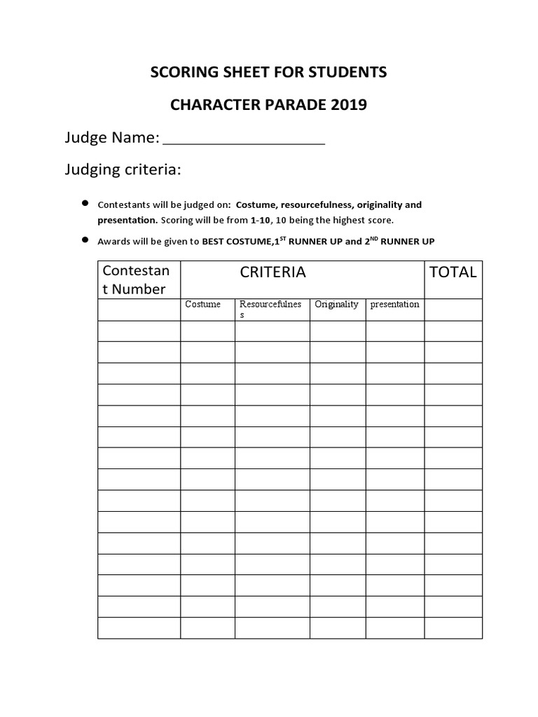 Character Parade Costume Judging Sheet | PDF