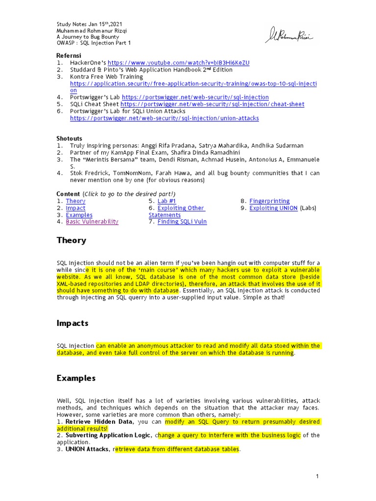 StudyNote - 15012021 - OWASP SQL Injection Part 1 | PDF | Career ...