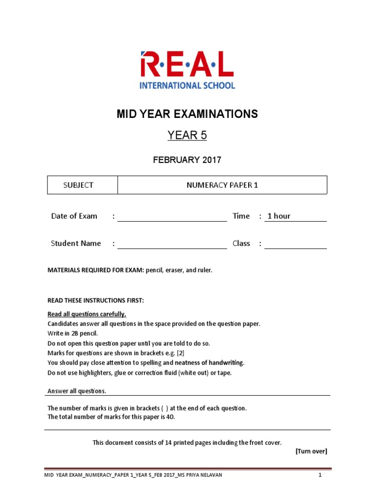 YEAR 5 Exam Paper 1 | PDF | Test (Assessment) | Teaching Mathematics