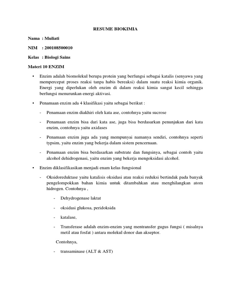 Resume Enzim dalam Biokimia | PDF