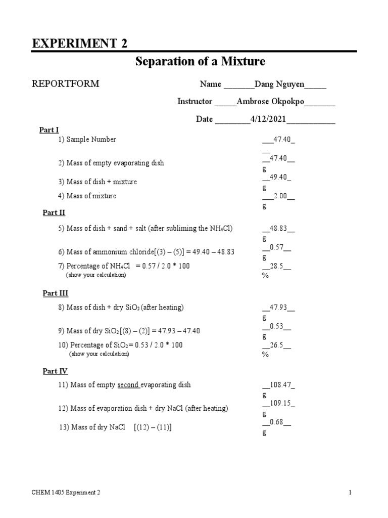 Experiment 2 Separation of A Mixture: Reportform | PDF