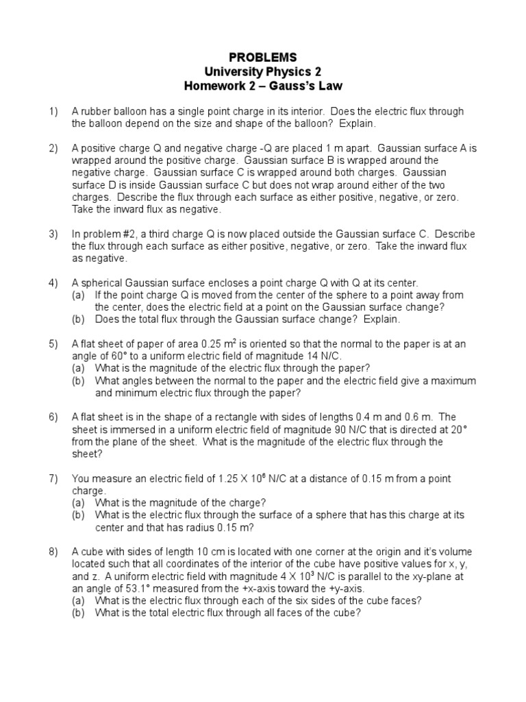 PROBLEMS - University Physics 2 - Homework 2 - Gauss's Law | PDF