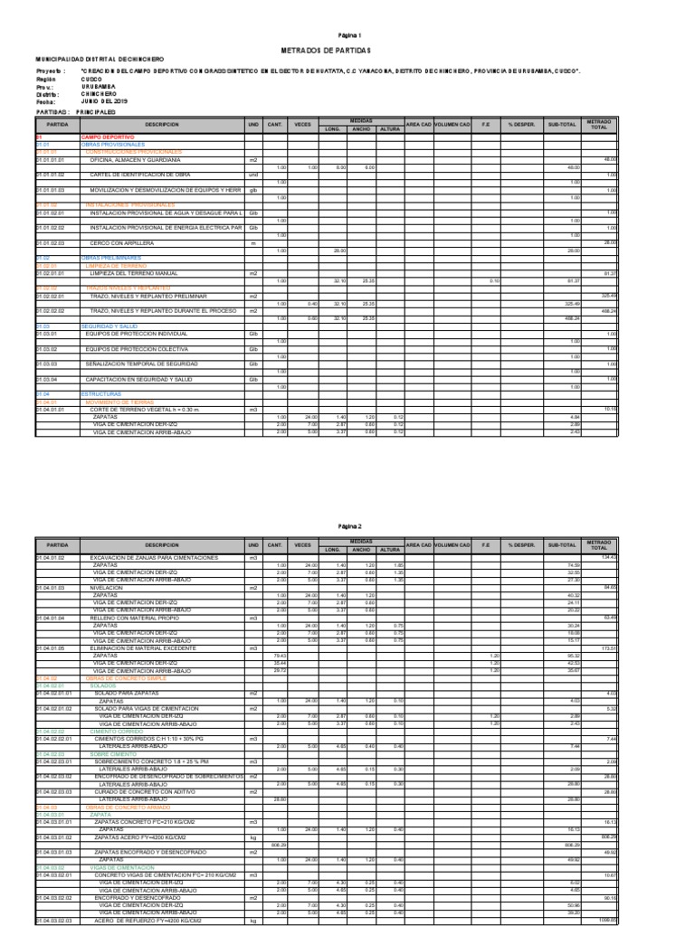 Metrados de Grass Sintetico Huatata | PDF