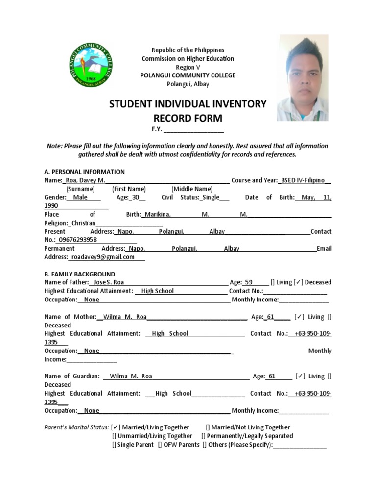 Student Individual Inventory Record Form: Commission On Higher ...