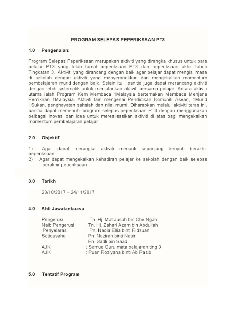 Kertas Kerja Program Selepas Peperiksaan PT3 | PDF
