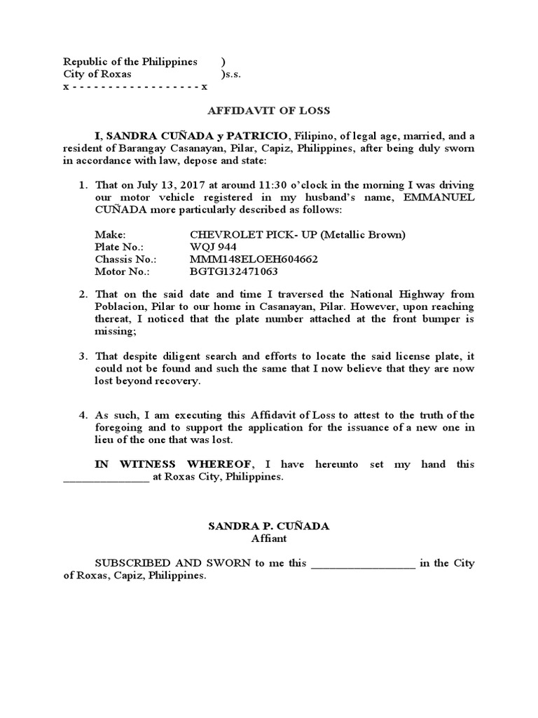 Affidavit of Loss Plate Number | PDF