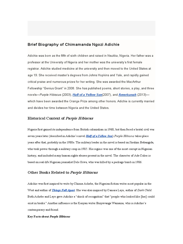 Brief Biography of Chimamanda Ngozi Adichie | PDF Brief Biography of Chimamanda Ngozi Adichie | PDF