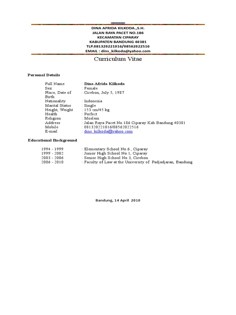 CV Ma Lamaran Kerja Dina | PDF