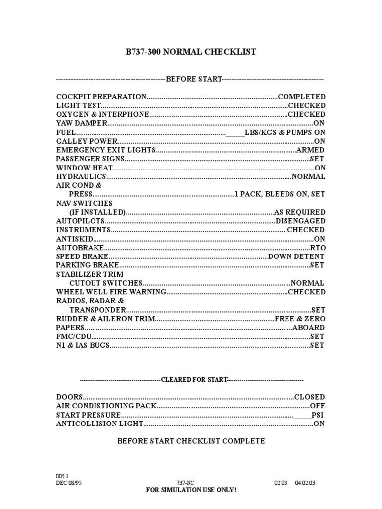 B737-300 Normal Checklist: - CLEARED FOR START | PDF