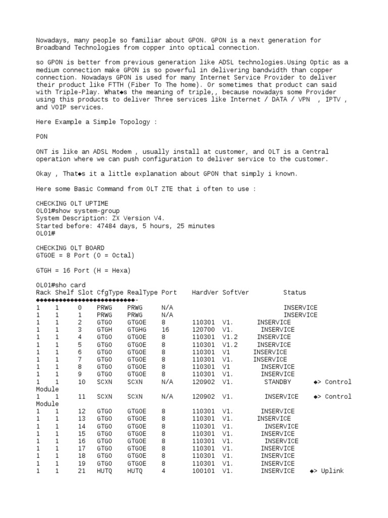An Overview of Basic GPON Configuration and Troubleshooting Commands on a ZTE OLT | PDF