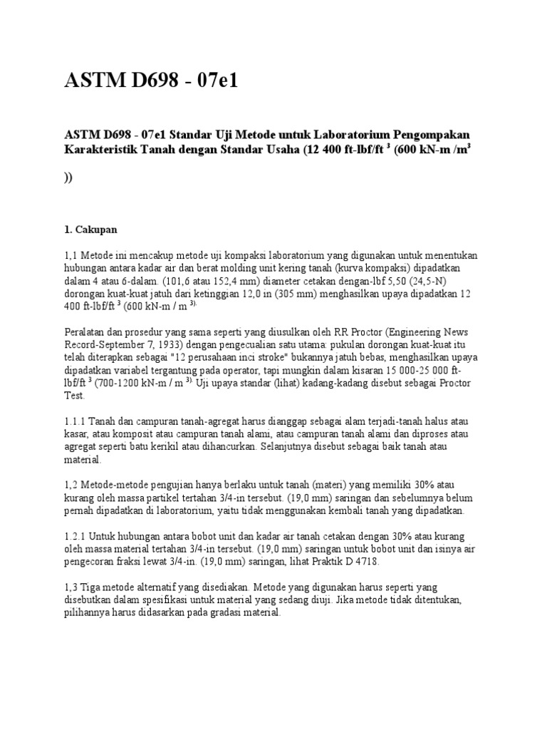 Standar Uji Kompaksi Tanah ASTM D698 | PDF