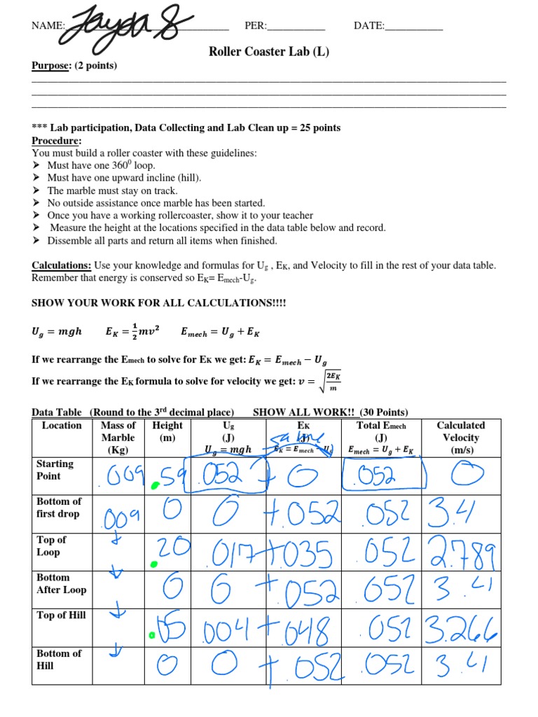 Roller Coaster Lab (L) : Mech K | Download Free PDF | Quantity | Applied And Interdisciplinary ...