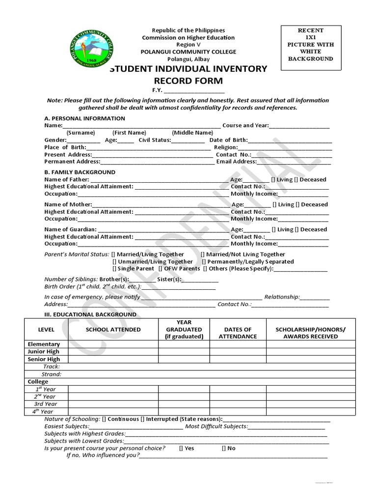 Student Individual Inventory Form | PDF | Parent | Relationships
