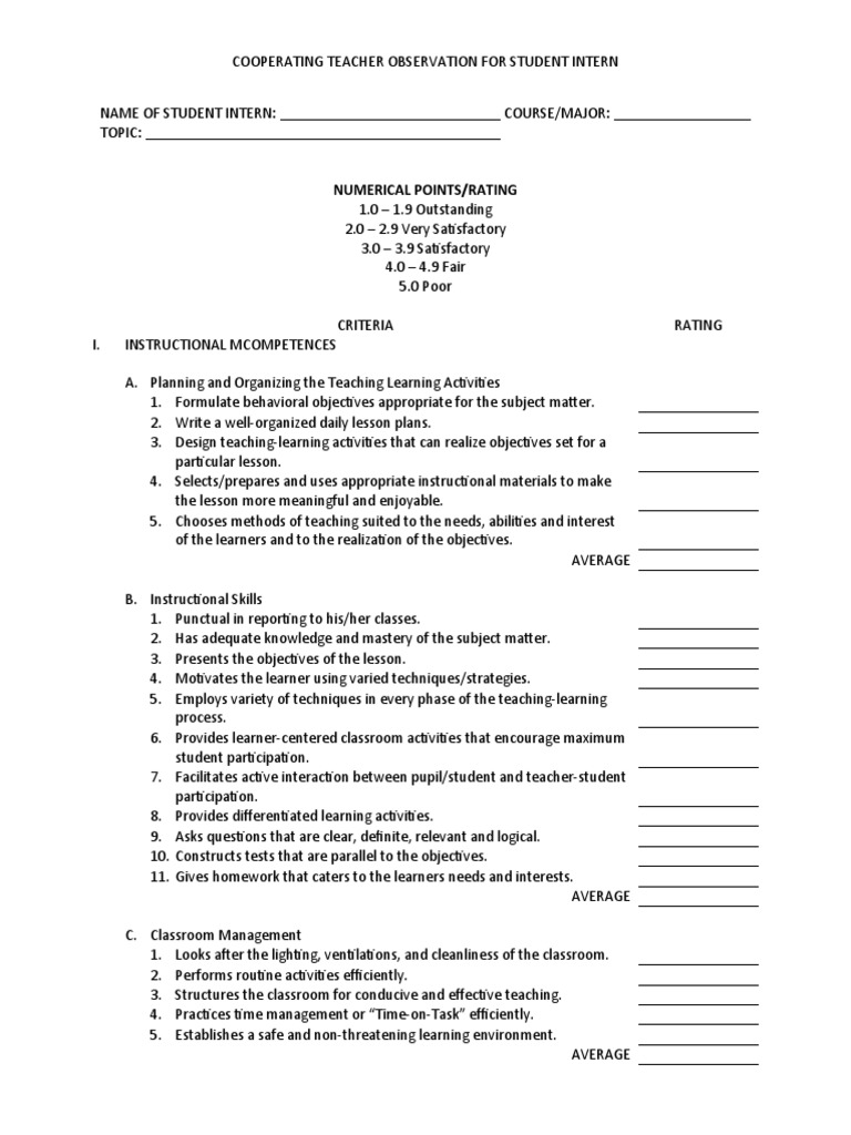 Cooperating Teacher Observation Form For Student Intern | PDF