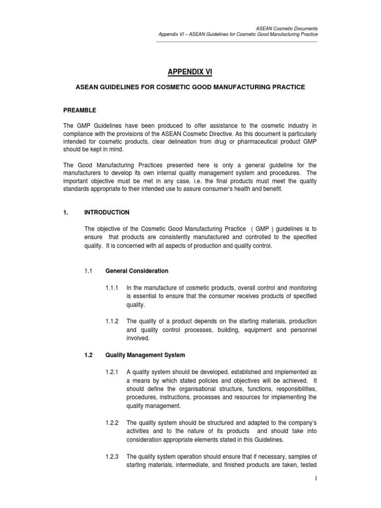 Appendix VI ASEAN Guidelines For Cosmetic GMP | PDF