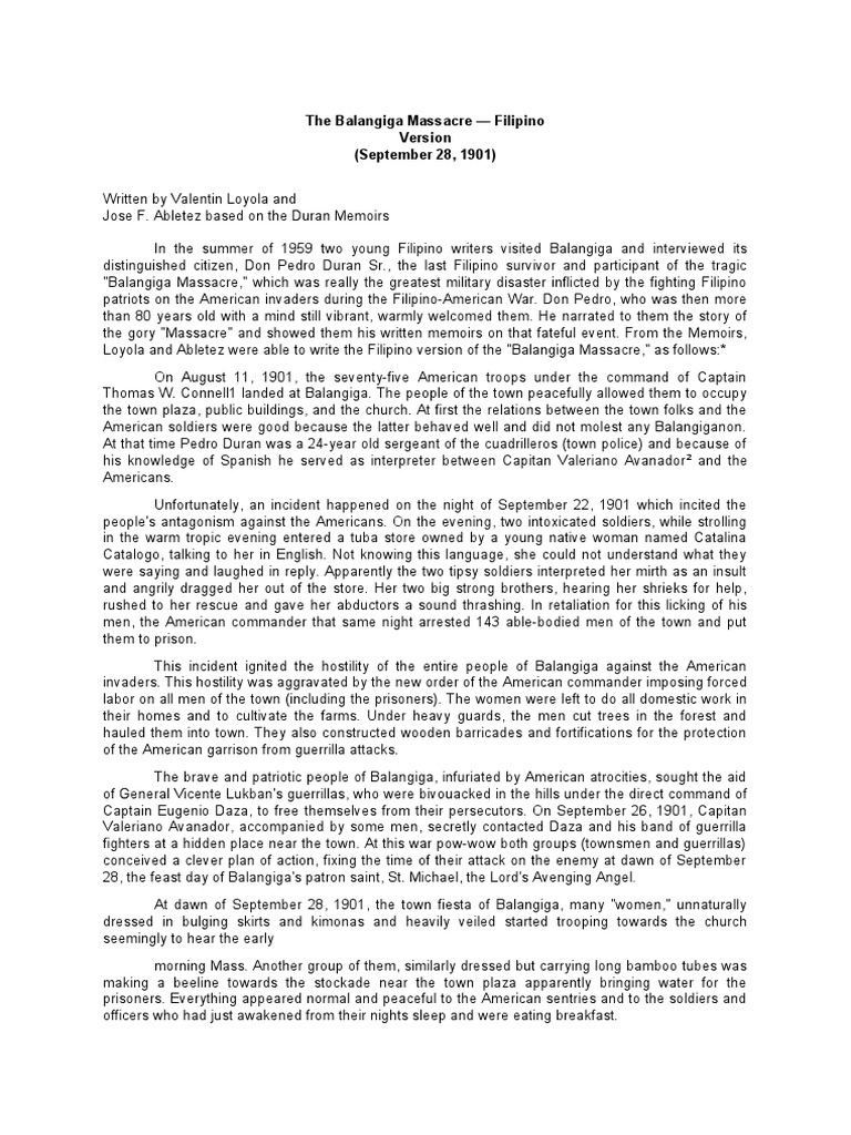 The Balangiga Massacre - Filipino (September 28, 1901) | PDF ...