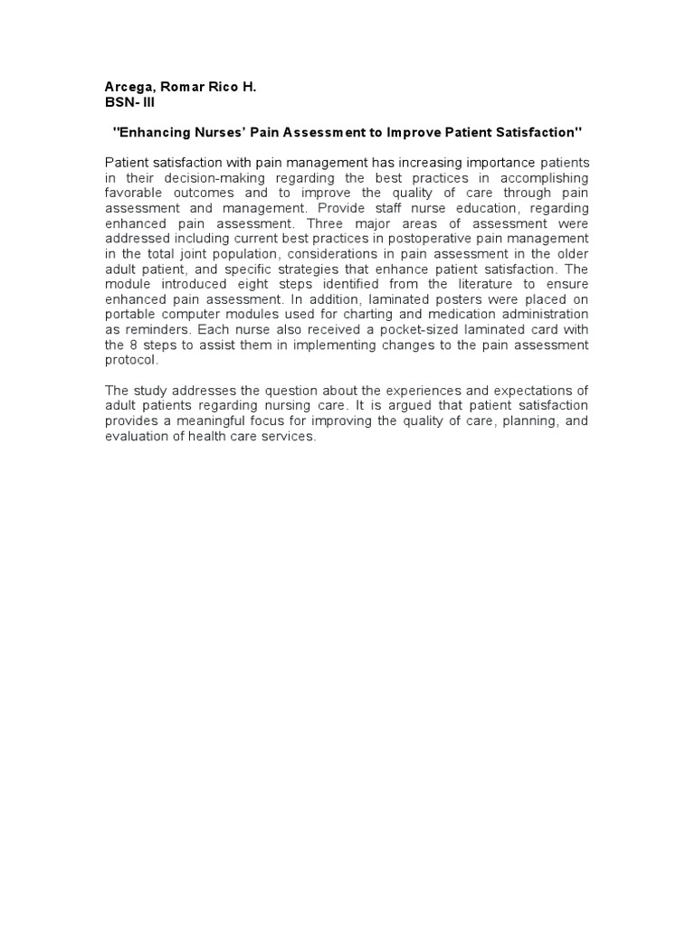 Enhancing Nurses' Pain Assessment To Improve Patient Satisfaction | PDF ...
