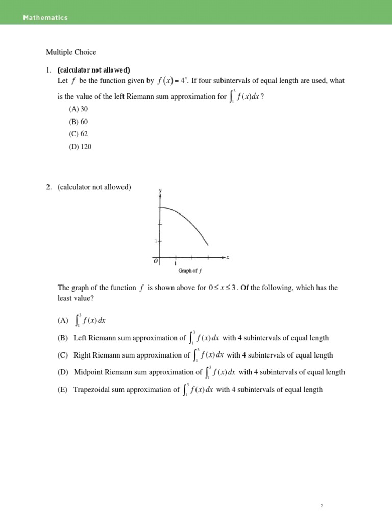 Calc Practice Test (Accumulation and Approximation) | PDF | Calculus ...