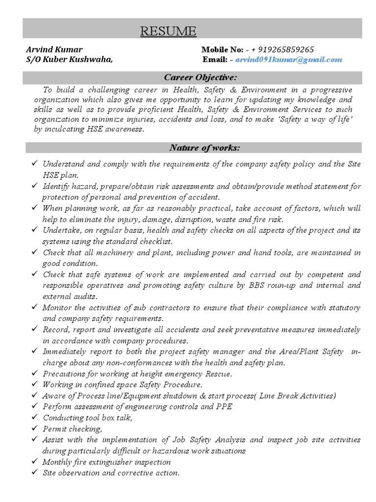 Resume: Career Objective | PDF | Safety | Occupational Safety And Health