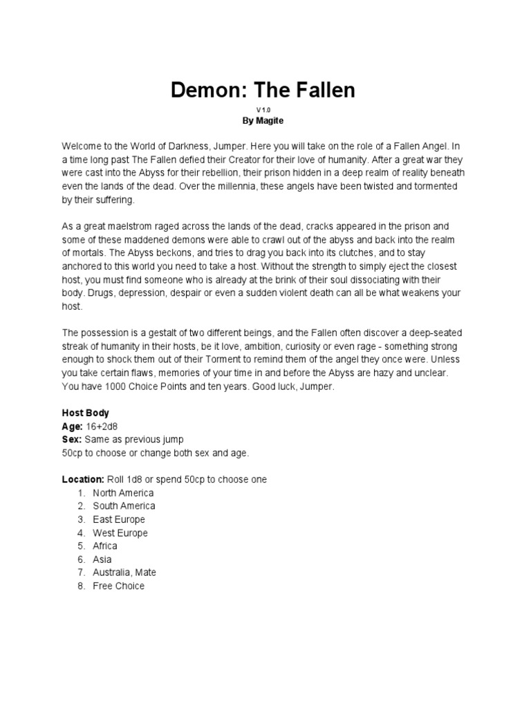 World of Darkness - Demon The Fallen JumpChain | PDF