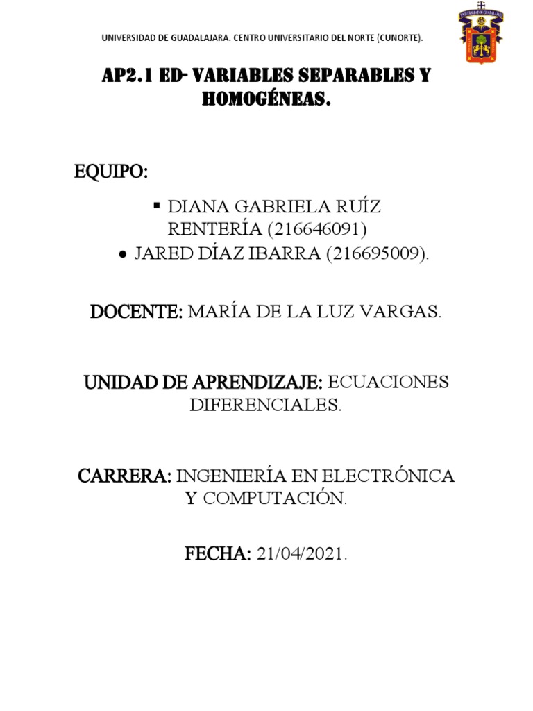 AP2.1 ED - Variables Separables y Homogéneas (Diana Gabriela y Jared Díaz) | PDF | Ciencia y ...