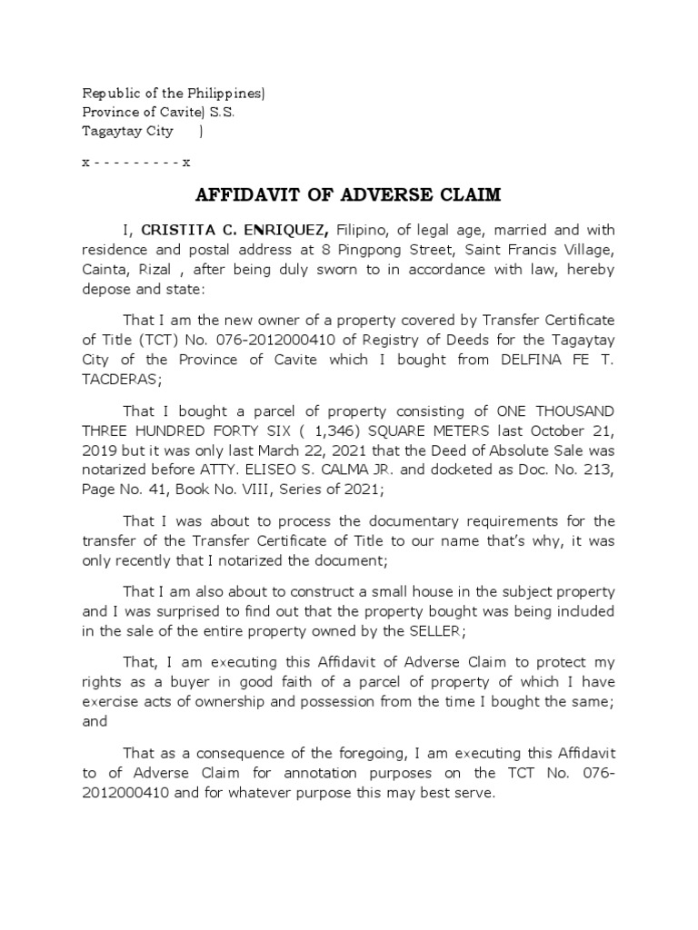 Affidavit of Adverse Claim | PDF