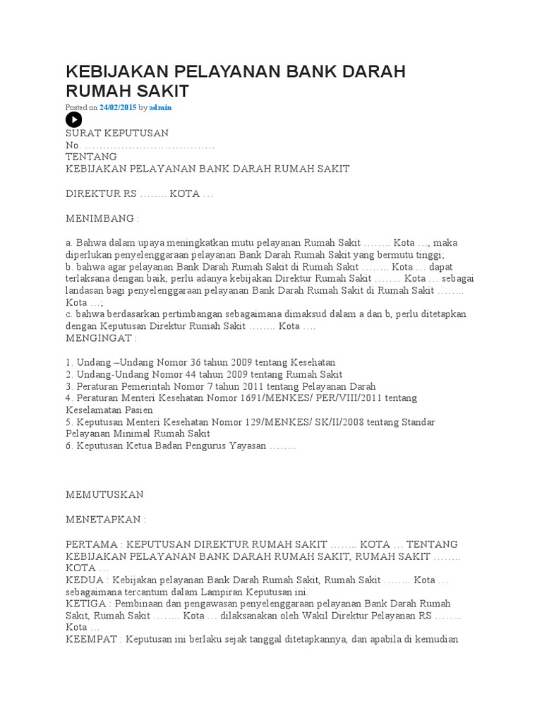 Kebijakan Bank Darah Rumah Sakit | PDF | Pengelolaan Keuangan & Uang ...