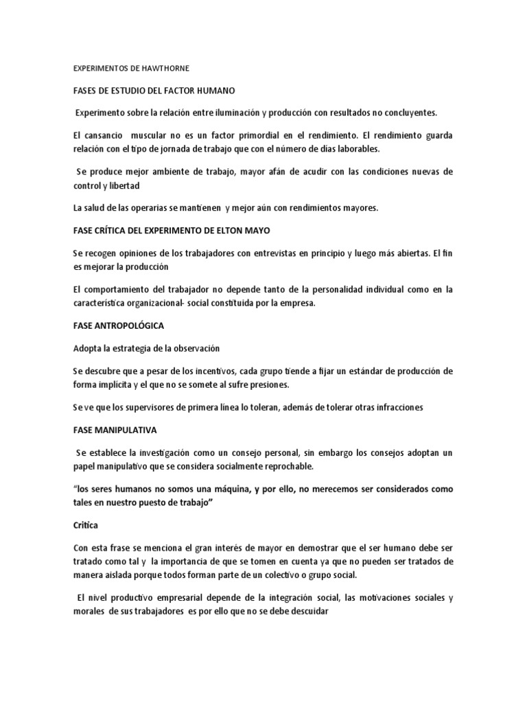 Fases de Estudio Hawthorne | PDF