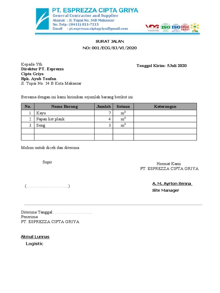 Contoh Surat Jalan Pengiriman Barang (Surat Pengantar Barang) | PDF