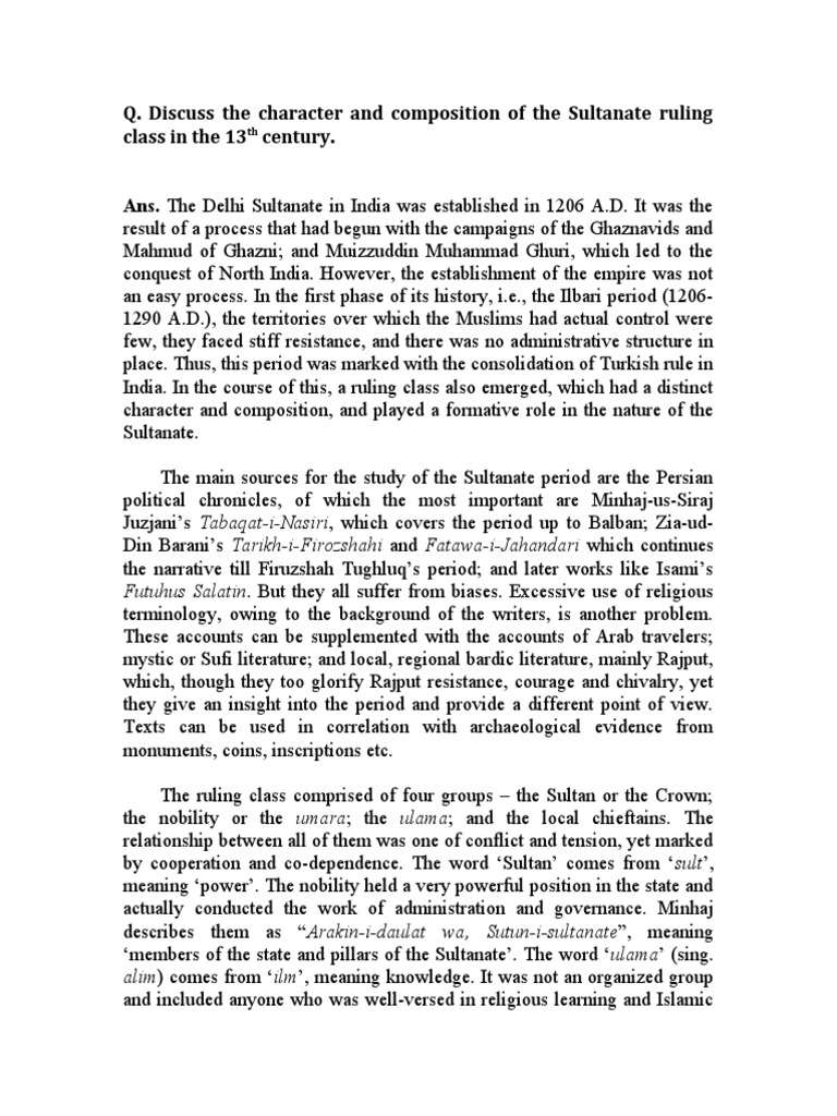 Delhi Sultanate - The Ruling Class in The 13th Century | PDF | Ulama ...