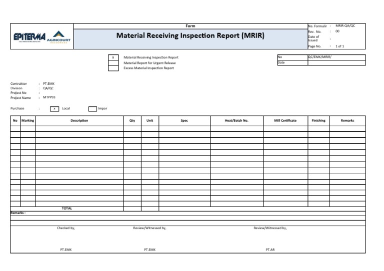 Material Receiving Inspection Report (MRIR) | PDF