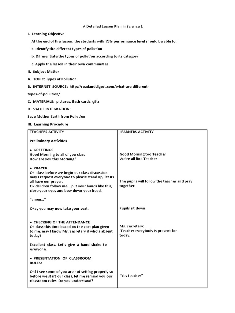 Detailed Lesson Plan on Pollution | PDF | Water Pollution | Atmosphere ...
