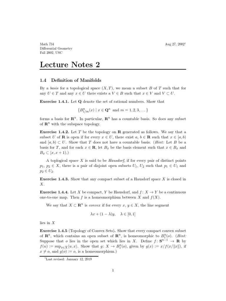 Lecture Notes 2: 1.4 Definition of Manifolds | PDF | Manifold | Topology
