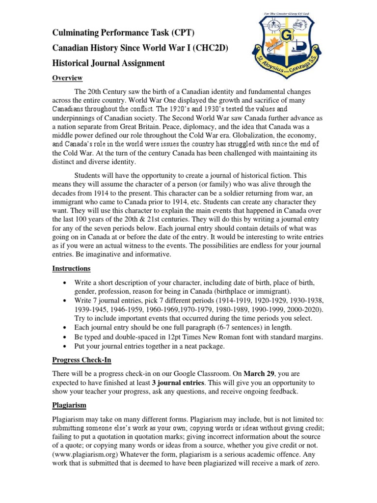 Culminating Performance Task (CPT) Canadian History Since World War I ...