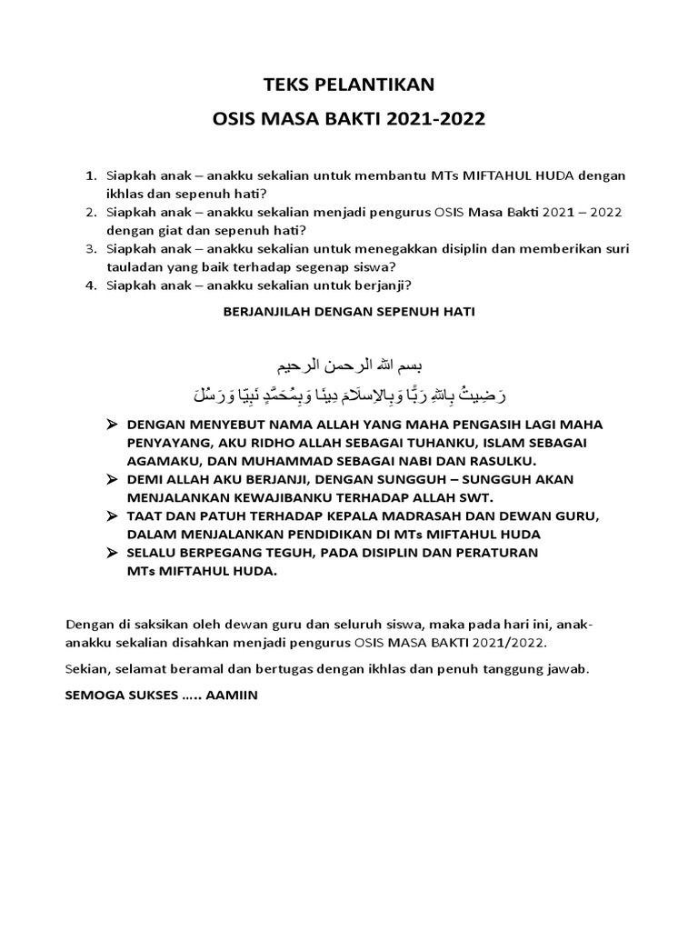 Teks Pelantikan Pengurus OSIS 2021-2022 | PDF