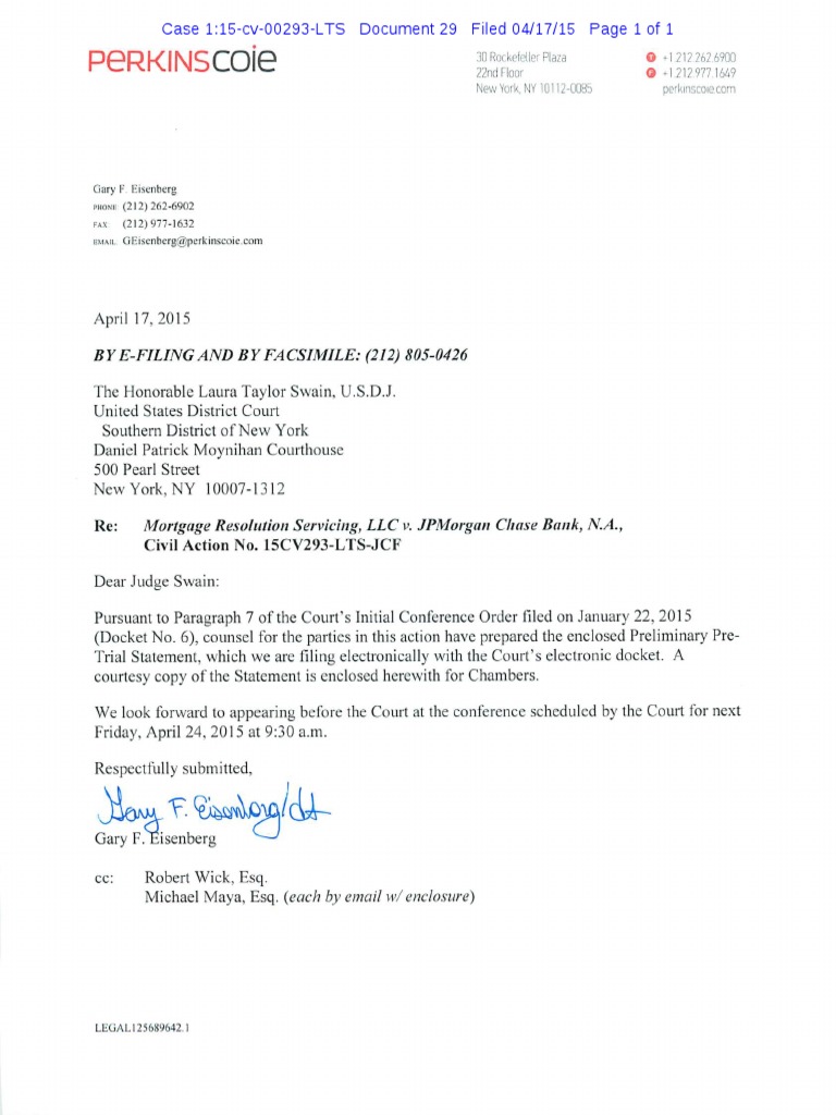 Letter Re. Pre Trial Conference Letter MRS V JPMC Doc 29 | PDF ...