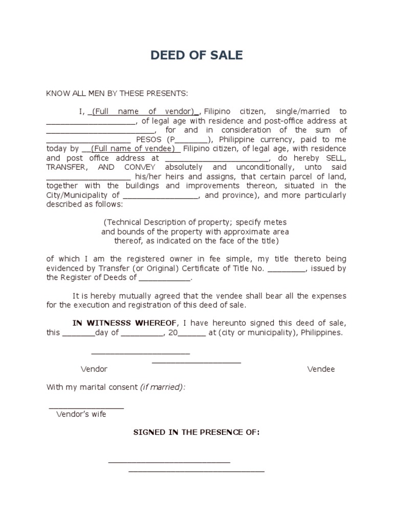DEED OF SALE Land ZZZZZZ | PDF | Deed | Law And Economics